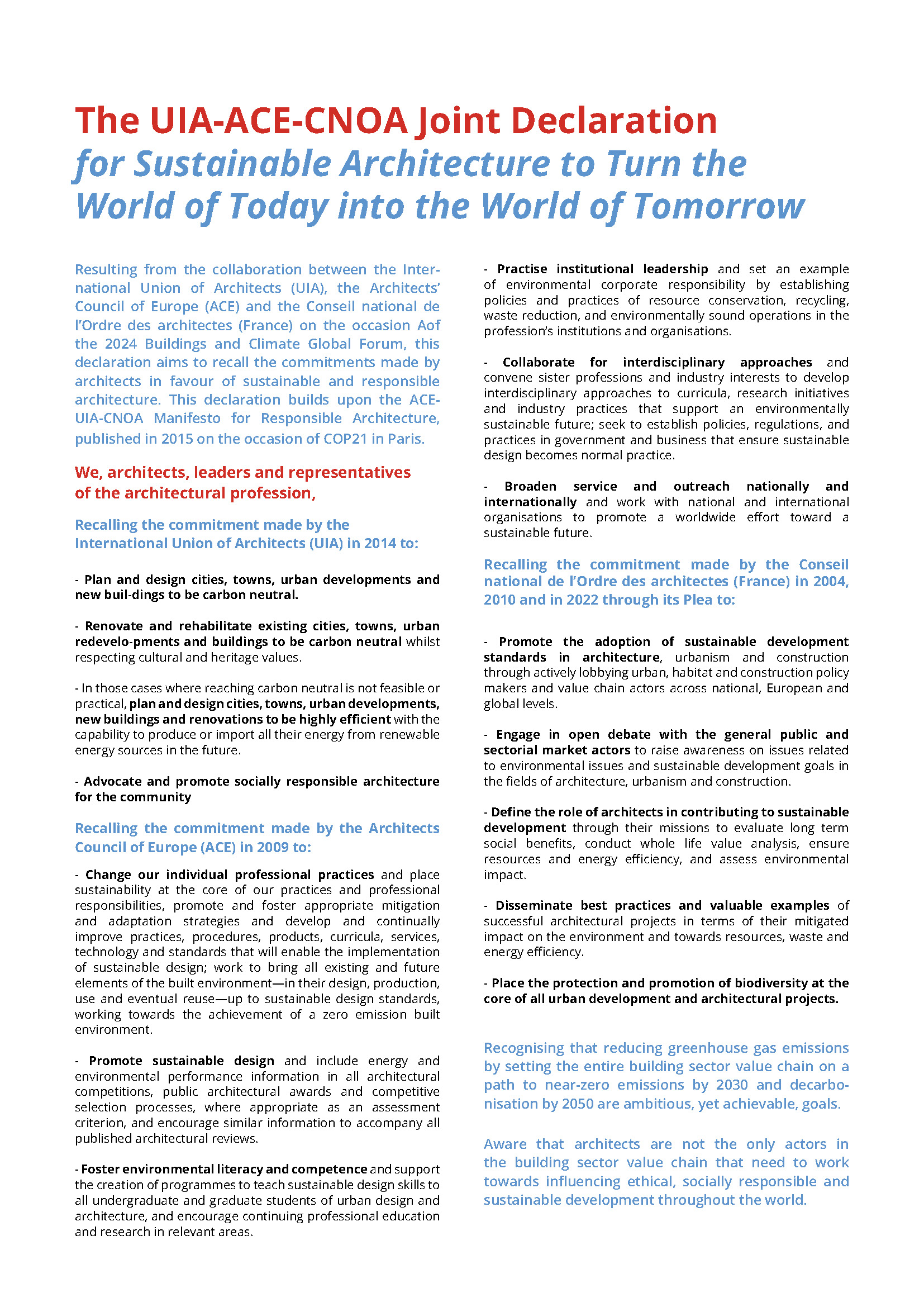 UIA-ACE-CNOA Joint Declaration for Sustainable Architecture to Turn the ...